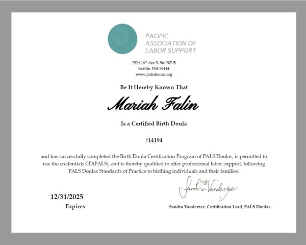 Mariah Falin, CD(PALS), PPD, PES Birth and Postpartum Doula Profile