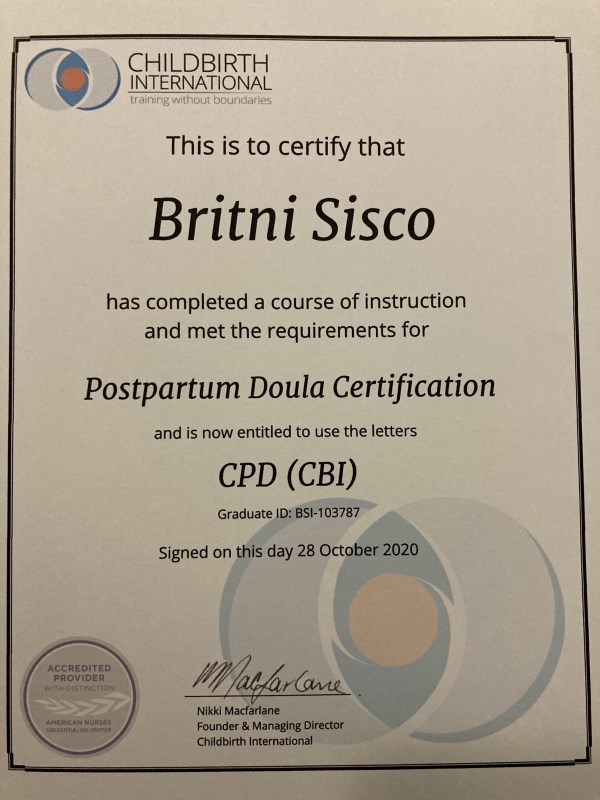 Britni Sisco Birth and Postpartum Doula Profile